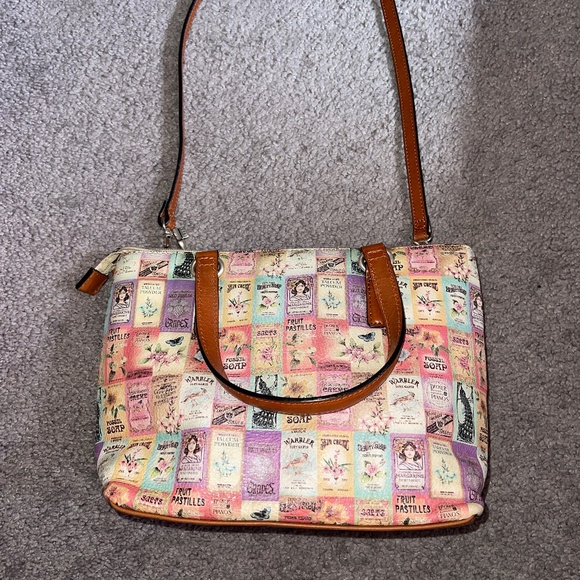 Fossil | Bags | Fossil Small Leather Tote Vintage Soap Labels Print ...